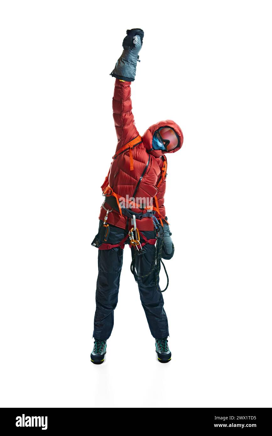 Man, climber wearing specialized equipment for safe mountain climbing ...