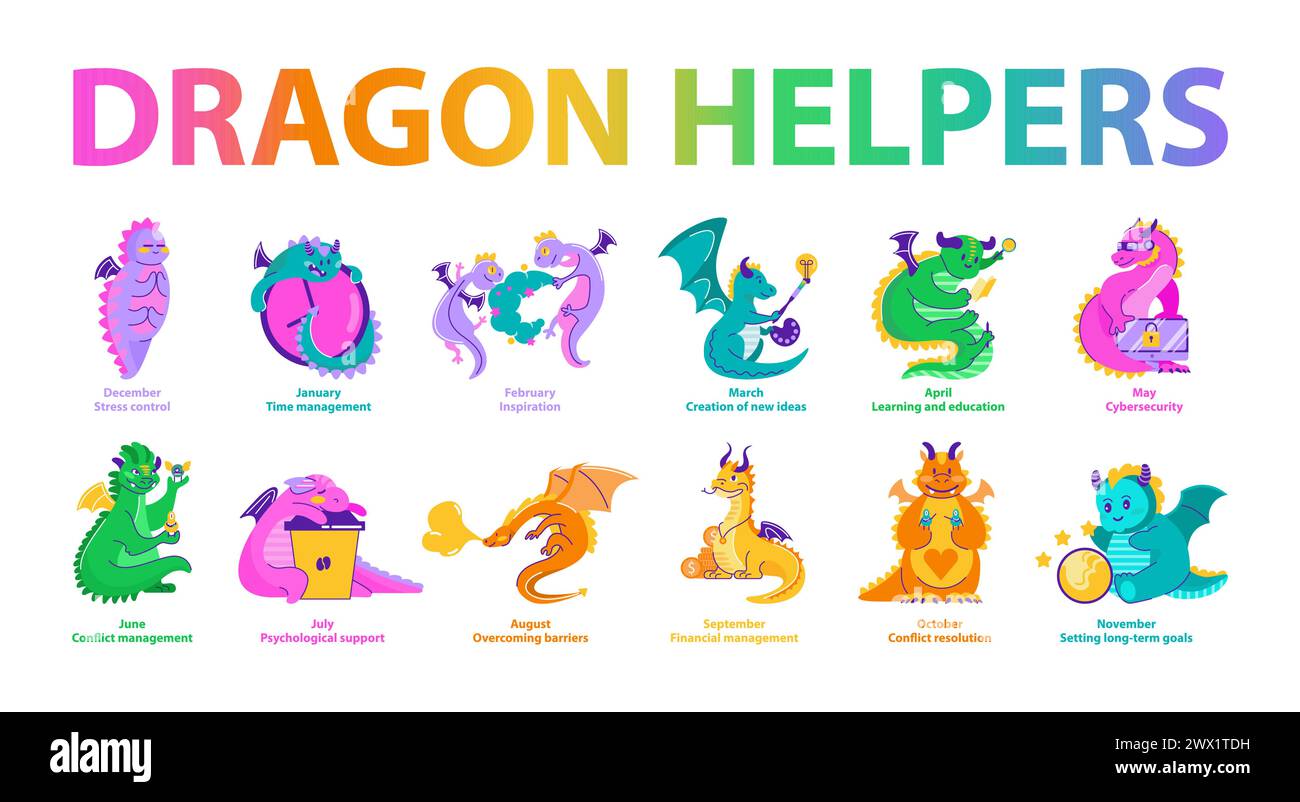 Dragon Helpers set. A vibrant collection of dragons showcasing a ...