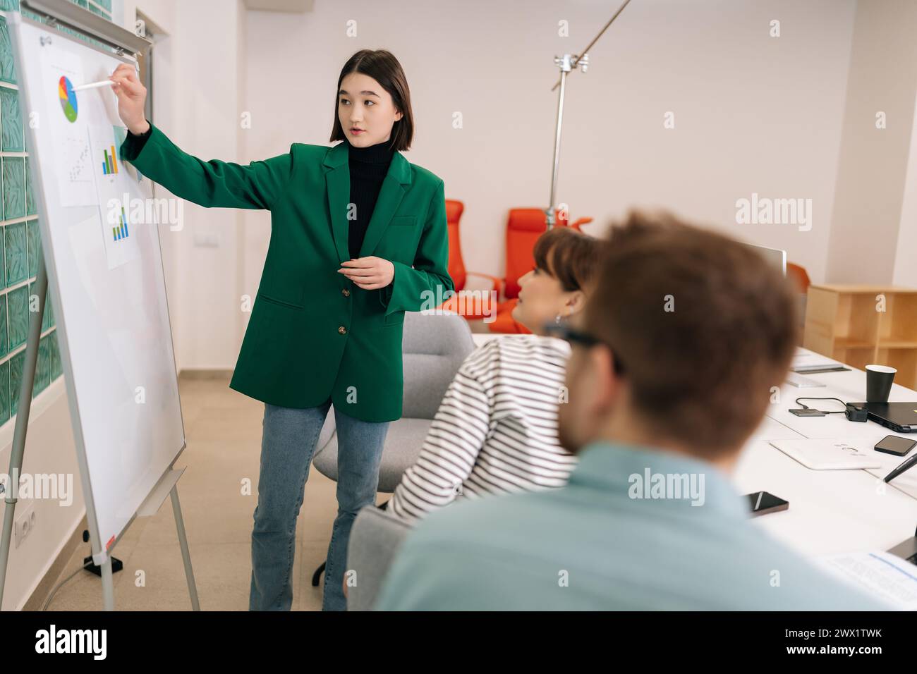 Side view of businesswoman explain project strategy showing ideas on ...
