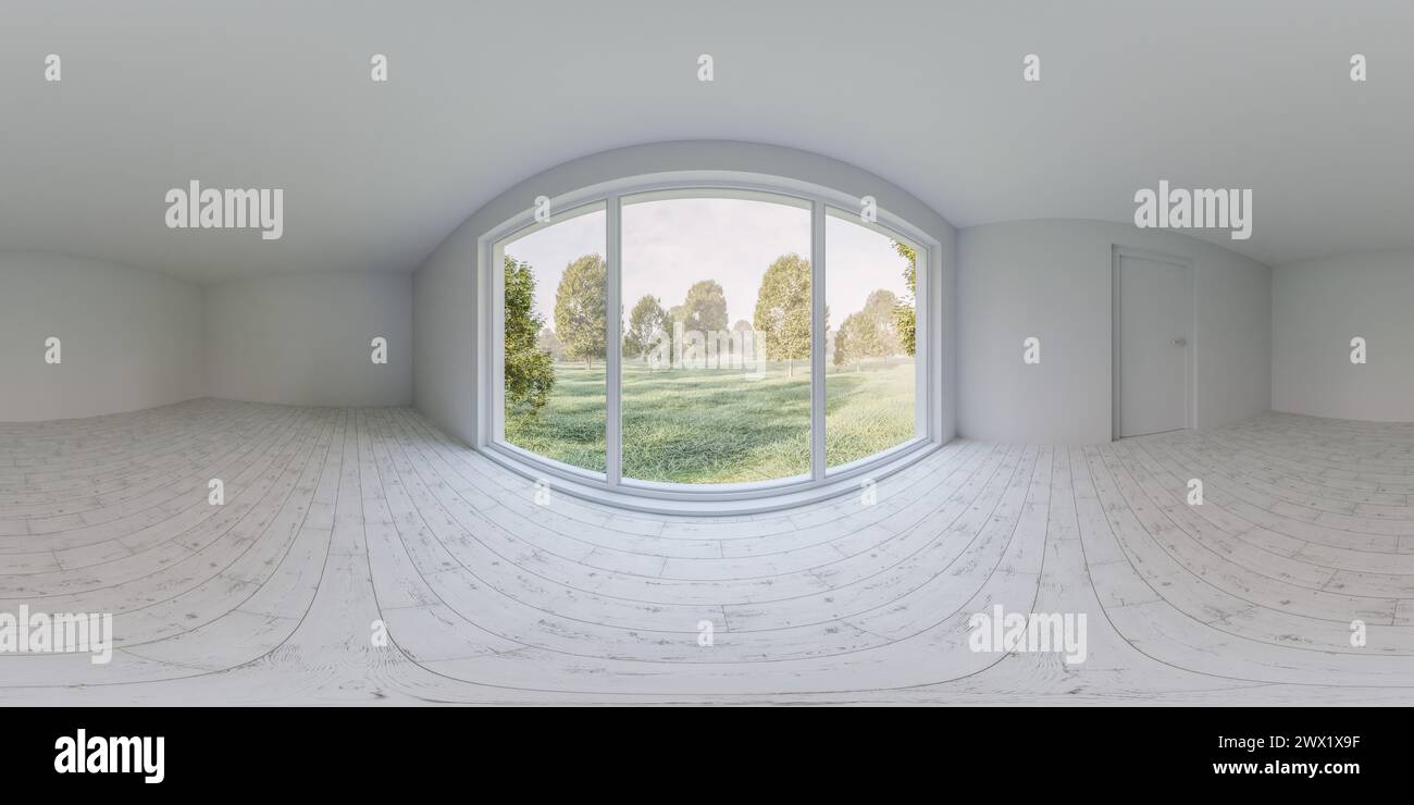 Spacious circular room with large porthole window overlooking a green ...