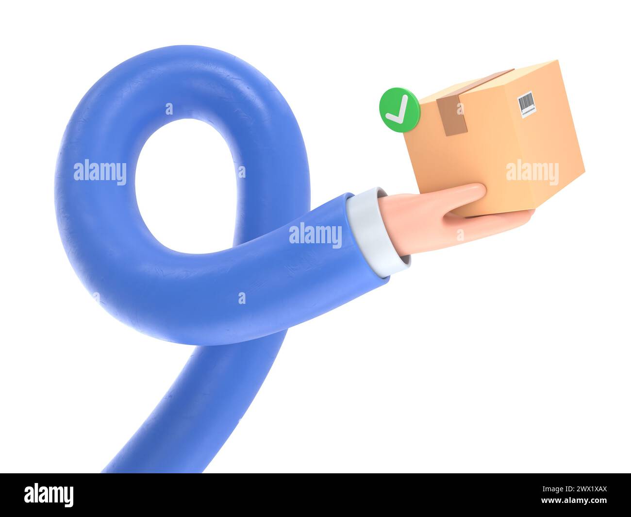 3D Hand holding parcel with check mark. Delivery of order in cardboard ...