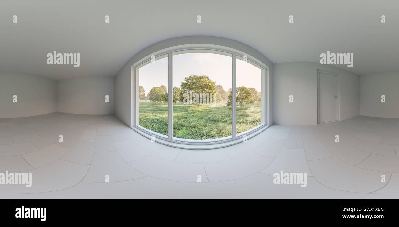 Panoramic view of a serene landscape through the window of an empty ...