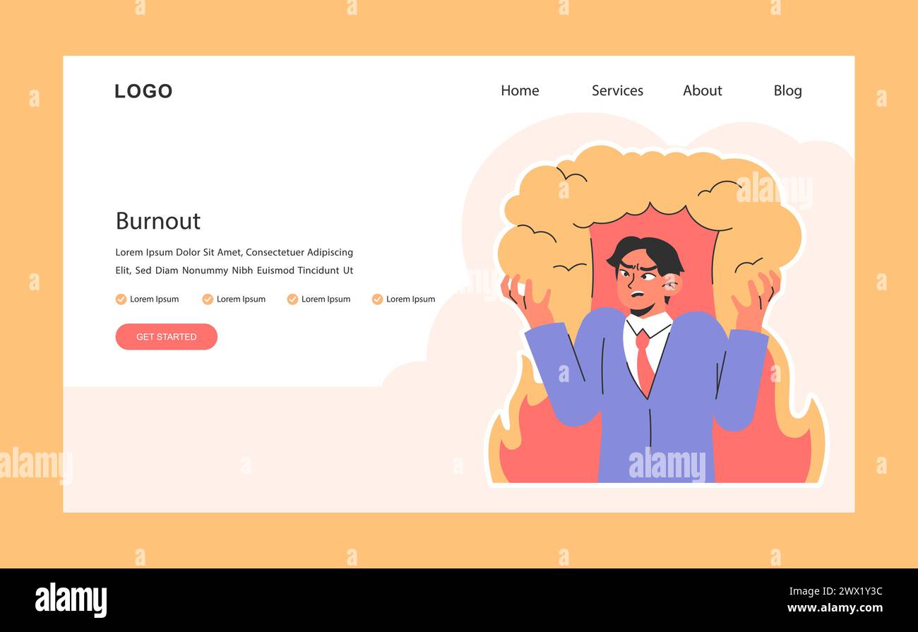 Work burnout web banner or landing page. Distressed man overwhelmed by ...