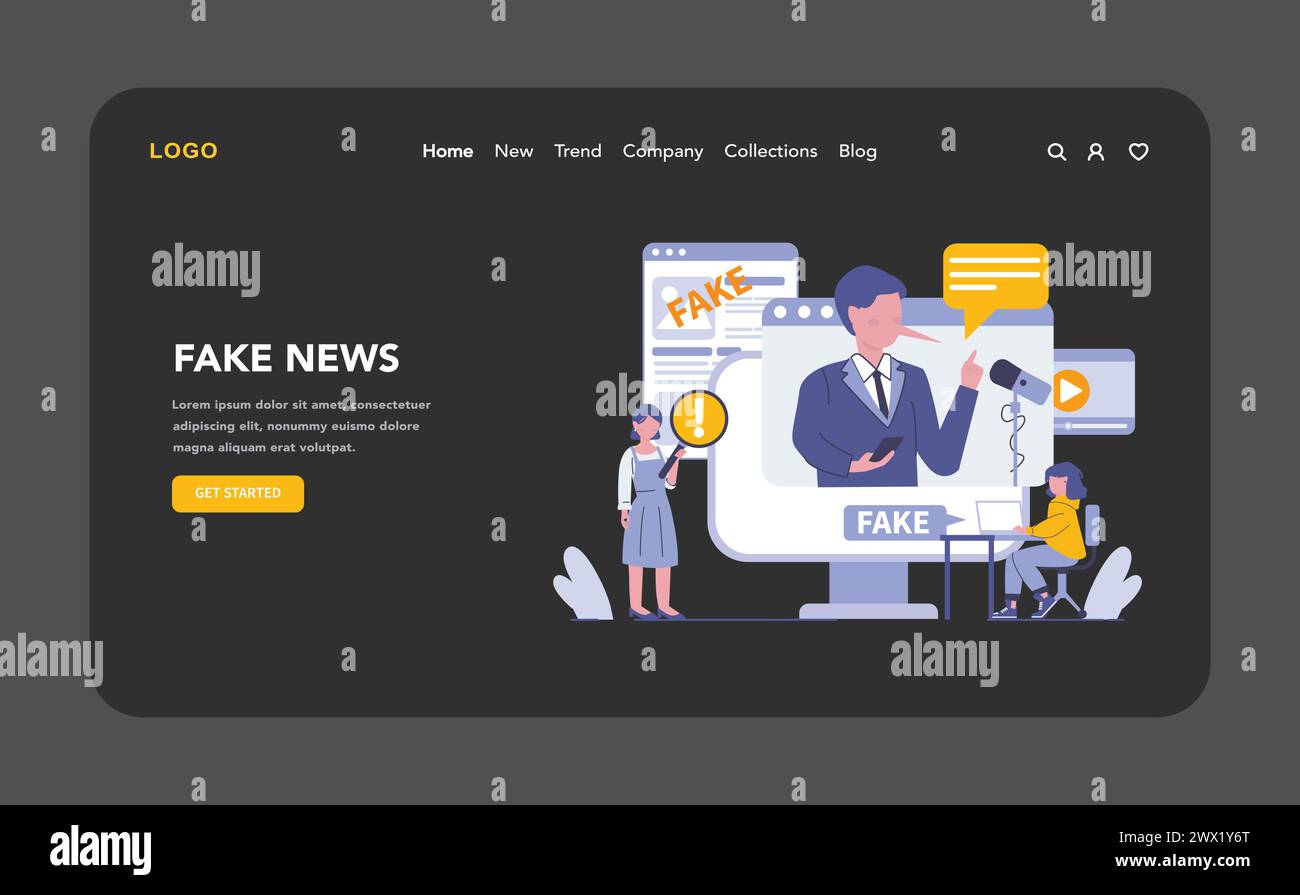 Fake News night or dark mode web or landing page. The spread of misinformation through digital ...