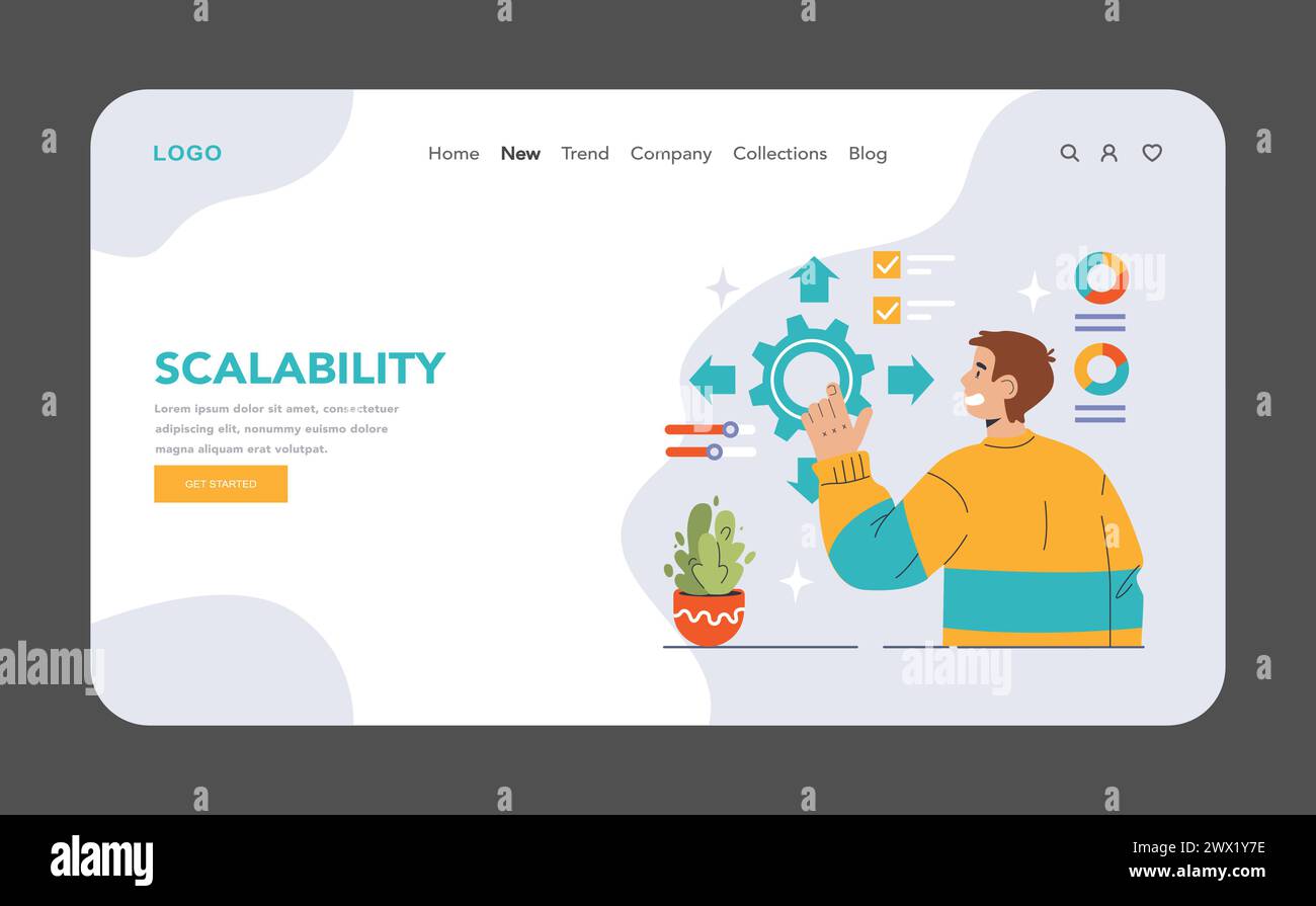 Scalability concept illustration with a man adjusting a cog, representing the dynamic expansion ...