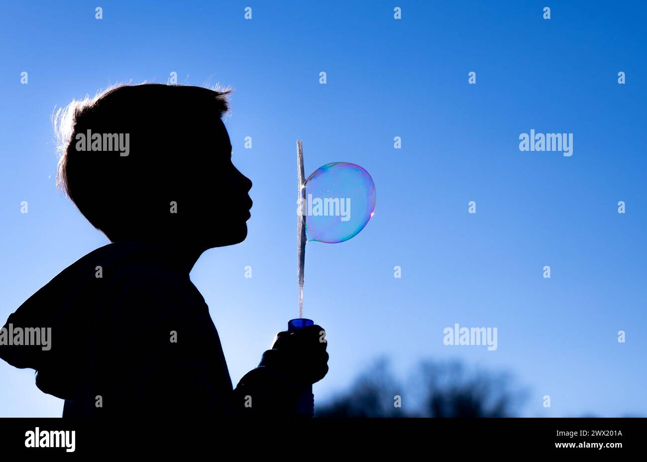 Silhouette of boy blowing a soap bubble Stock Photo - Alamy