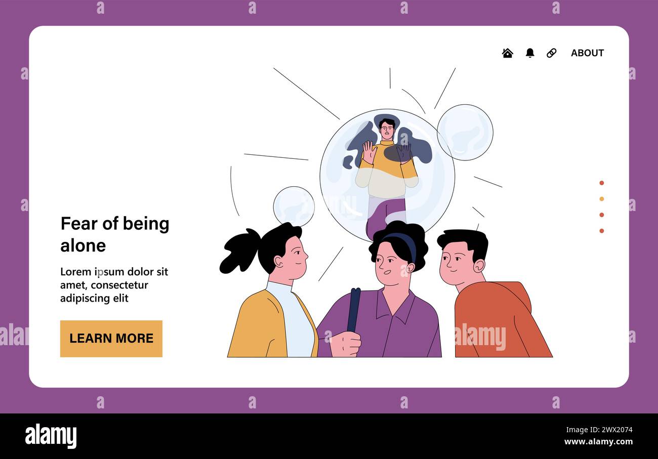 Fear of loneliness web or landing. Frightened young man drifting away ...