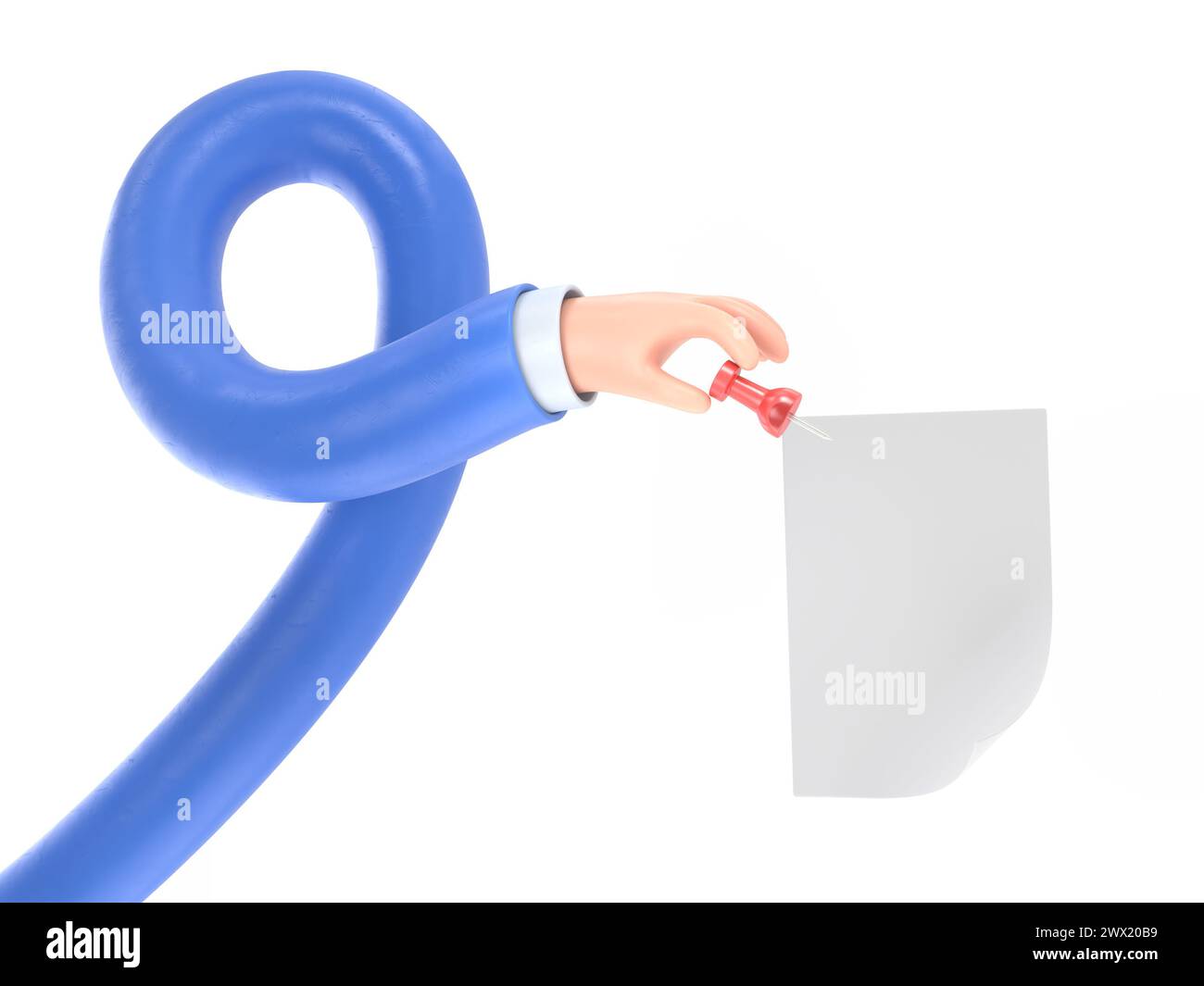 Paper push pins. Thumbtack in hand man. Empty white sheet. 3D ...