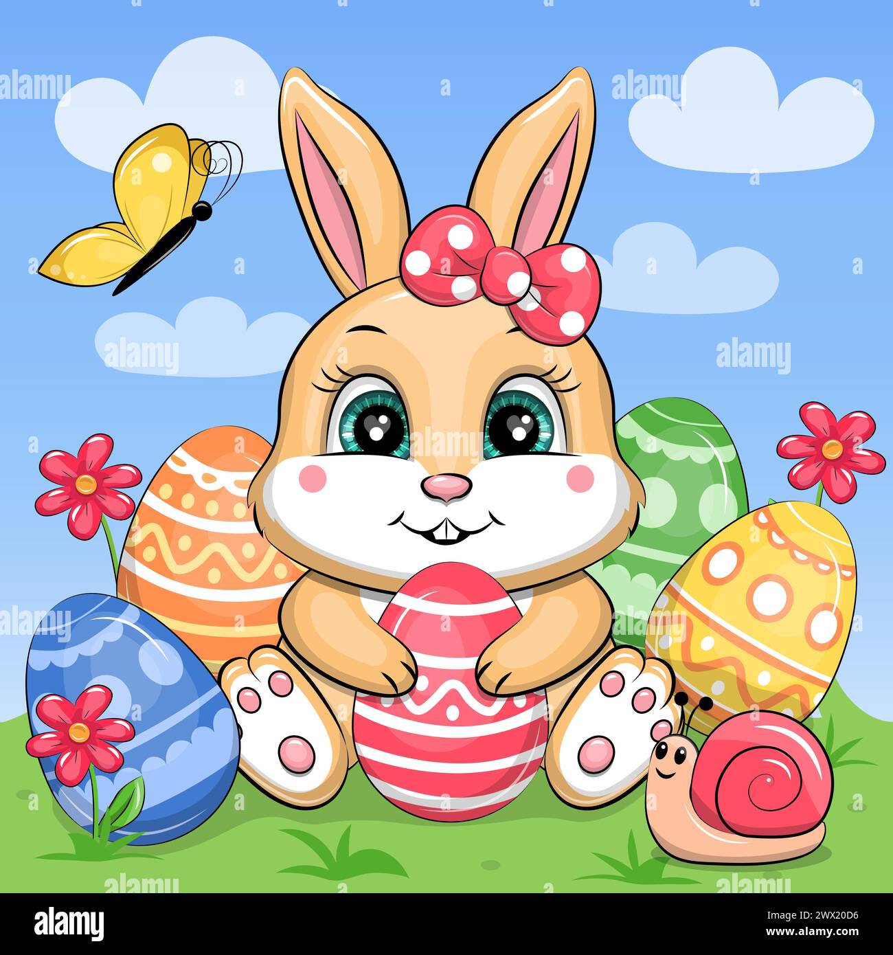 A cute cartoon Easter bunny with Easter eggs. Festive vector ...
