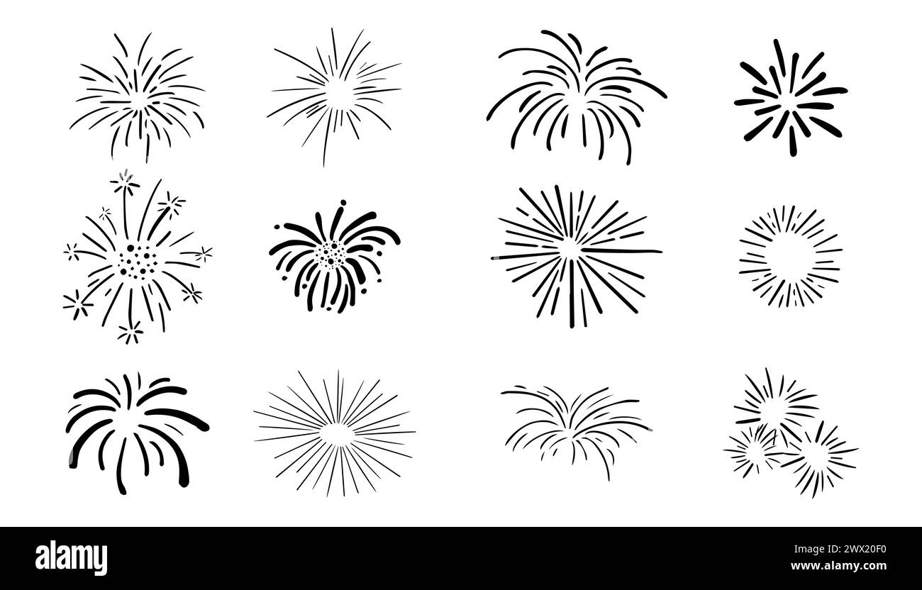 Set fireworks doodle line explosion radial sparkler with rays, hand ...