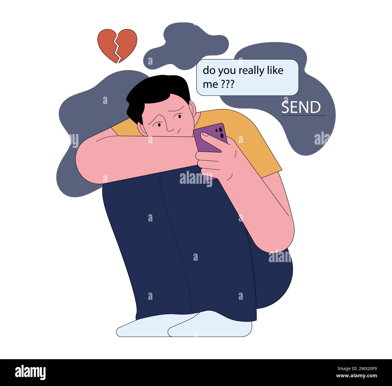 Fear of being unloved. Insecure and sad young man texting to his lover ...