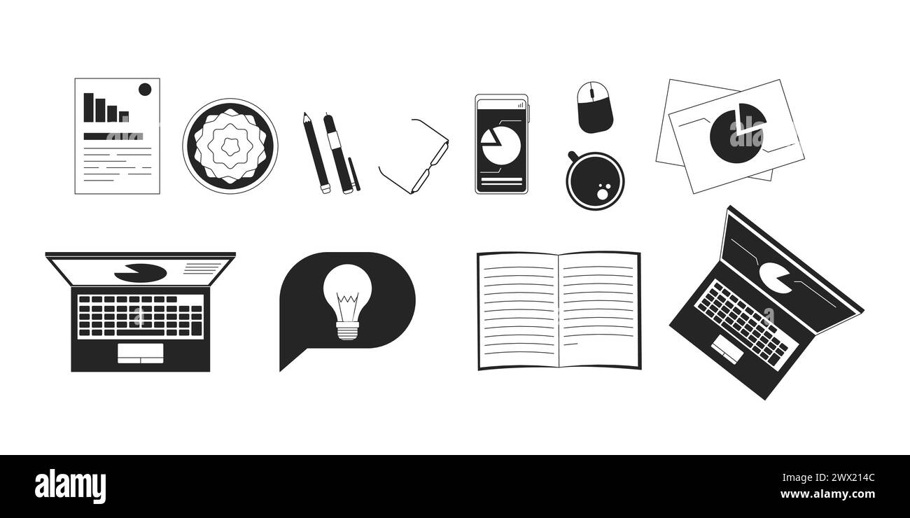 Business office essentials black and white 2D line cartoon objects set Stock Vector Image & Art ...