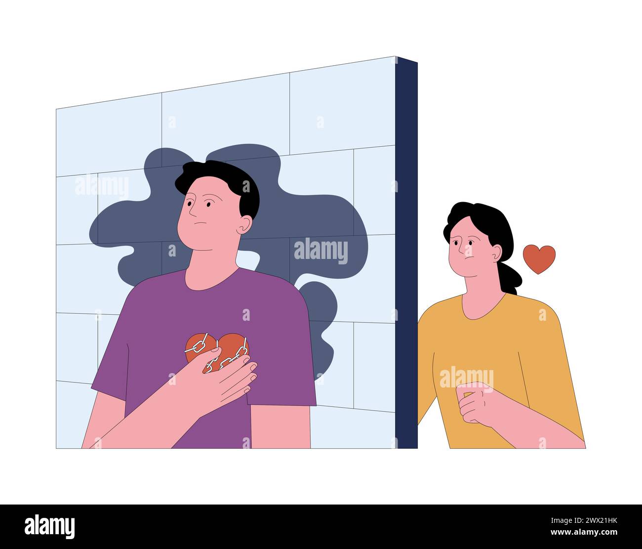 Fear of emotional vulnerability. Scared young man hiding behind a wall ...