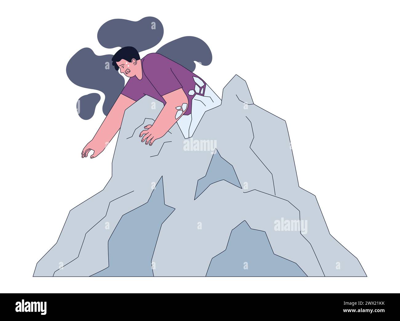 Fear of stagnation. Young scared or terrified man stuck in a rock ...