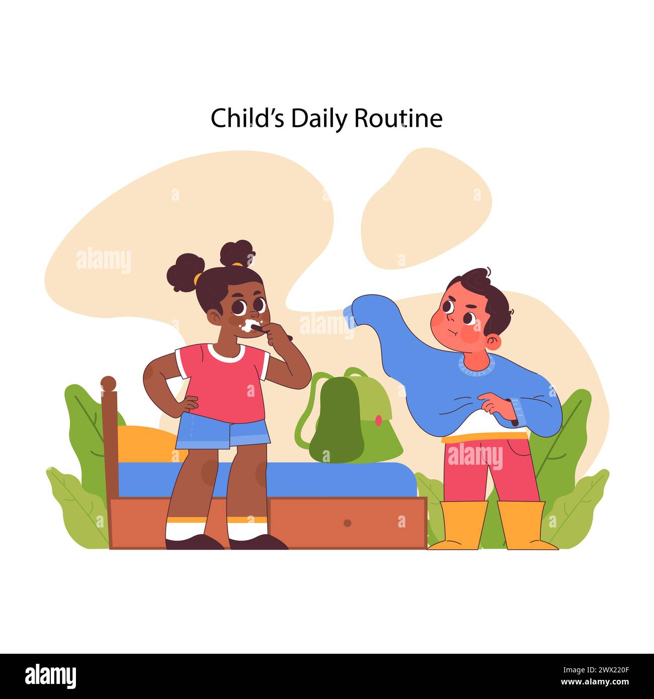 Child daily routine concept. Two playful children, morning preparation and joyful interaction ...