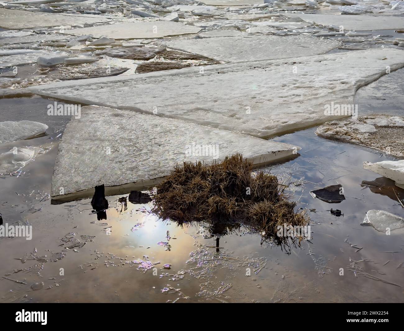 Close-up view of melting ice and snow revealing water and rocks beneath ...