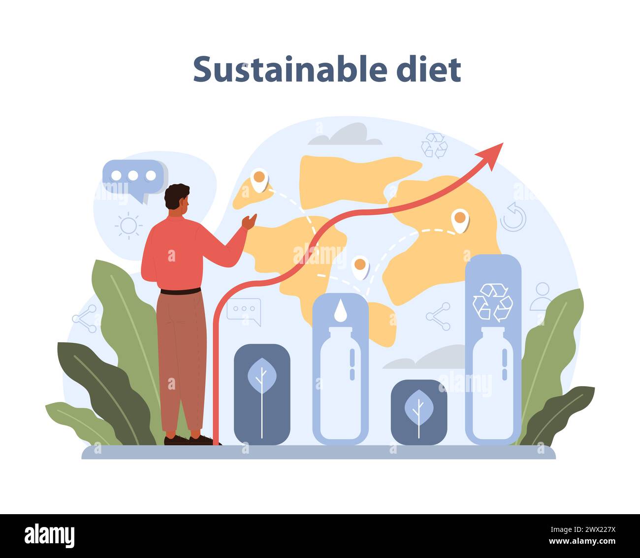 Sustainable Diet Concept. A man analyzes global food sustainability ...