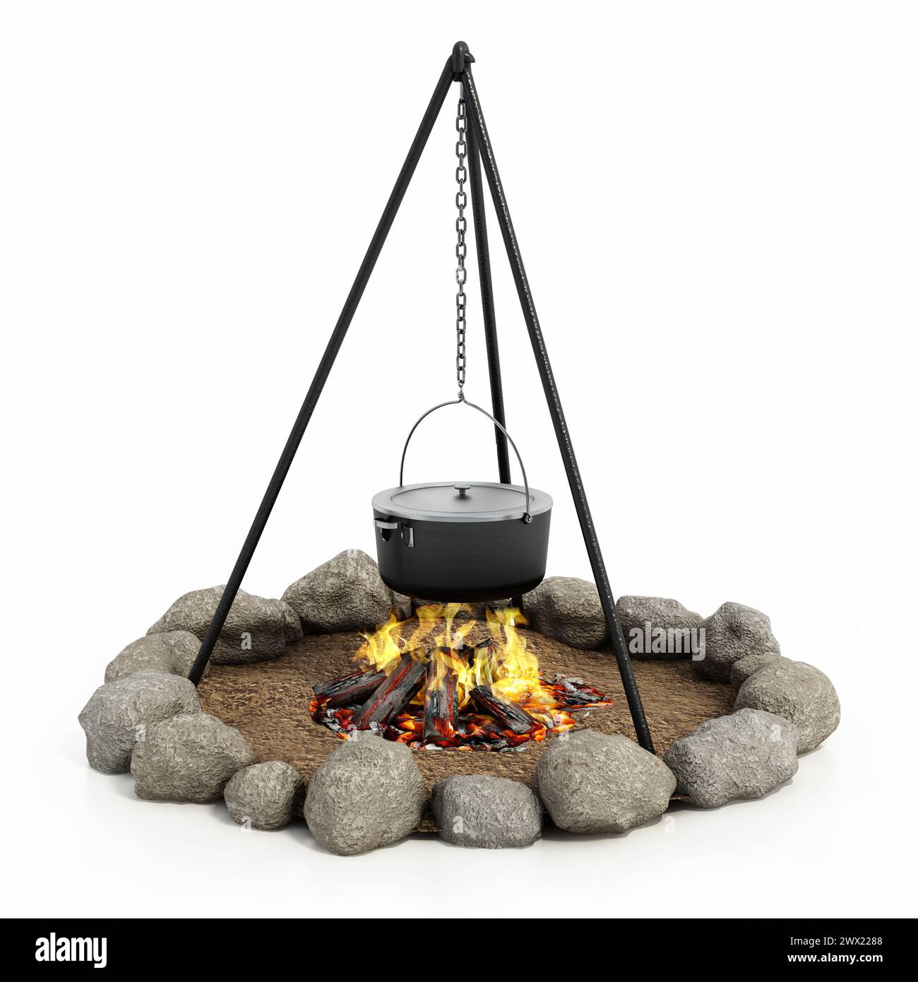 Campfire with a cooking pot and burning fire isolated on white ...