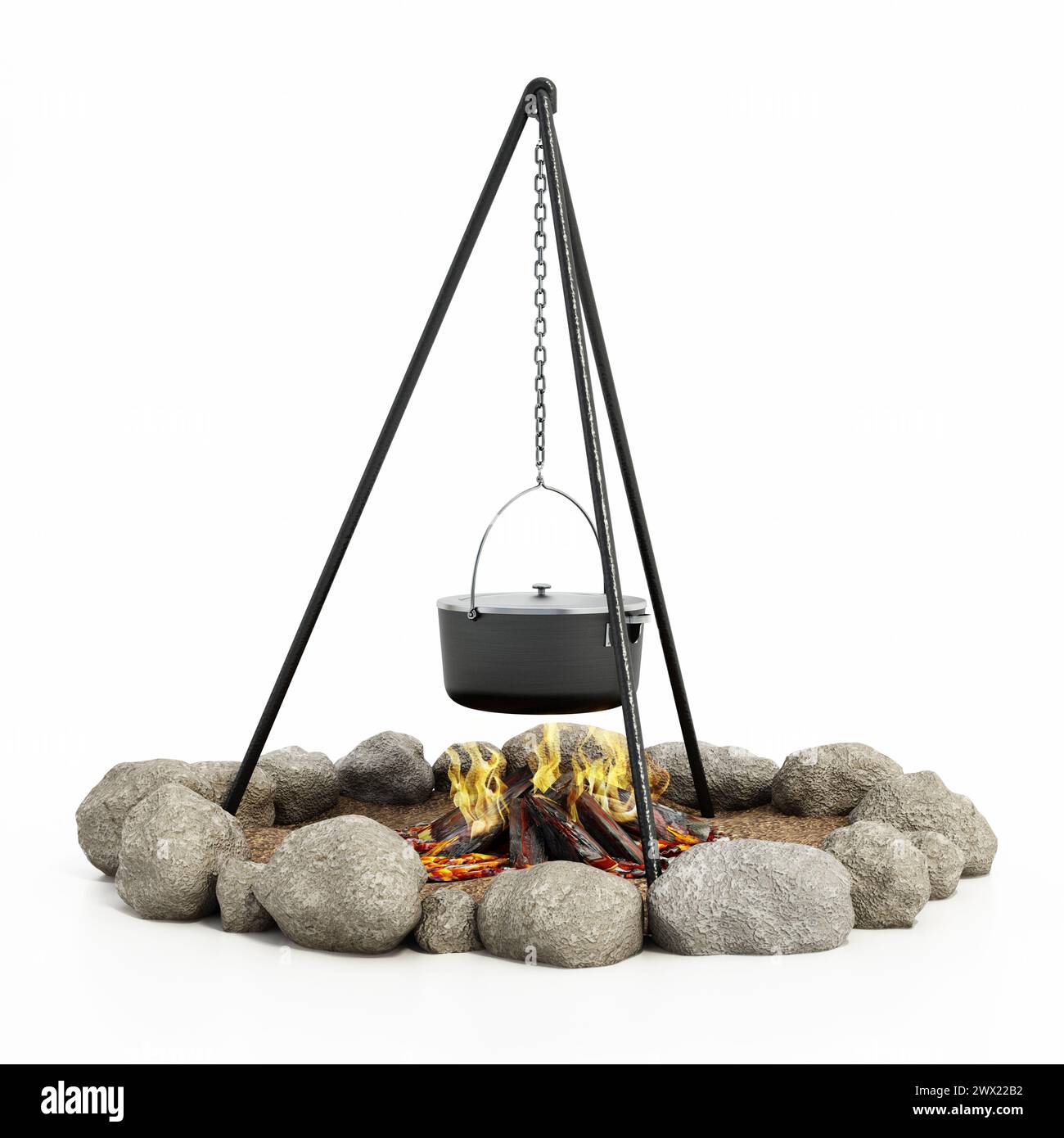 Campfire with a cooking pot and burning fire isolated on white ...