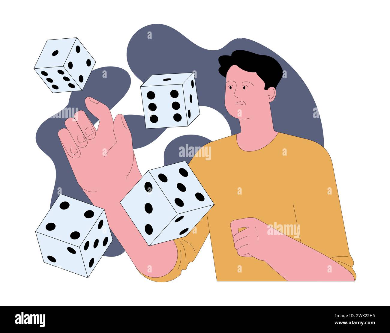 Fear of unpredictability. Apprehensive scared man throwing dice ...