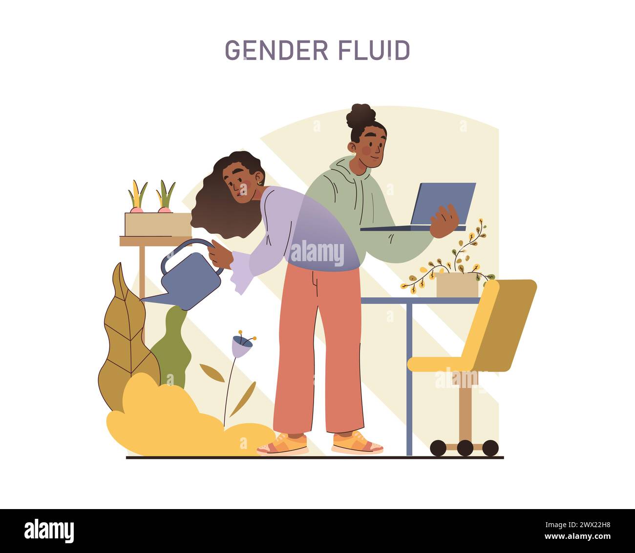 Gender Fluid concept. A serene scene depicting the nurturing of growth ...