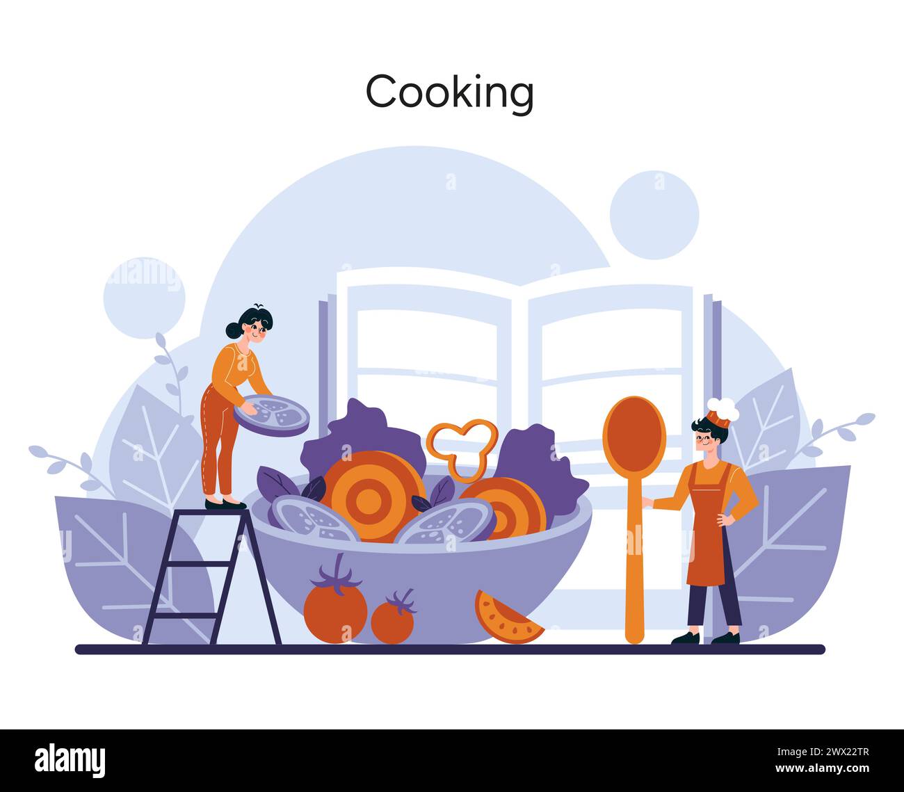 Cooking concept. A chef and an assistant prepare ingredients with joy ...