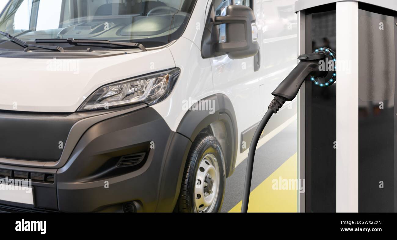 Electric delivery van with electric vehicles charging station Stock ...