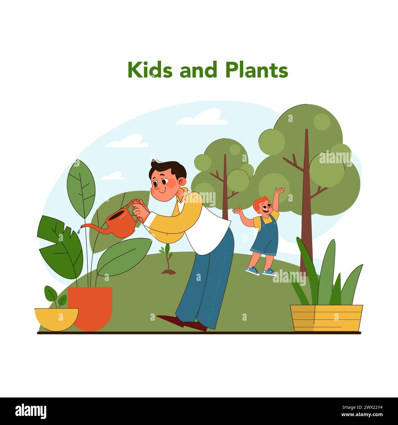 Plant nurturing concept. Young boys joyfully engage in plant care and planting trees ...