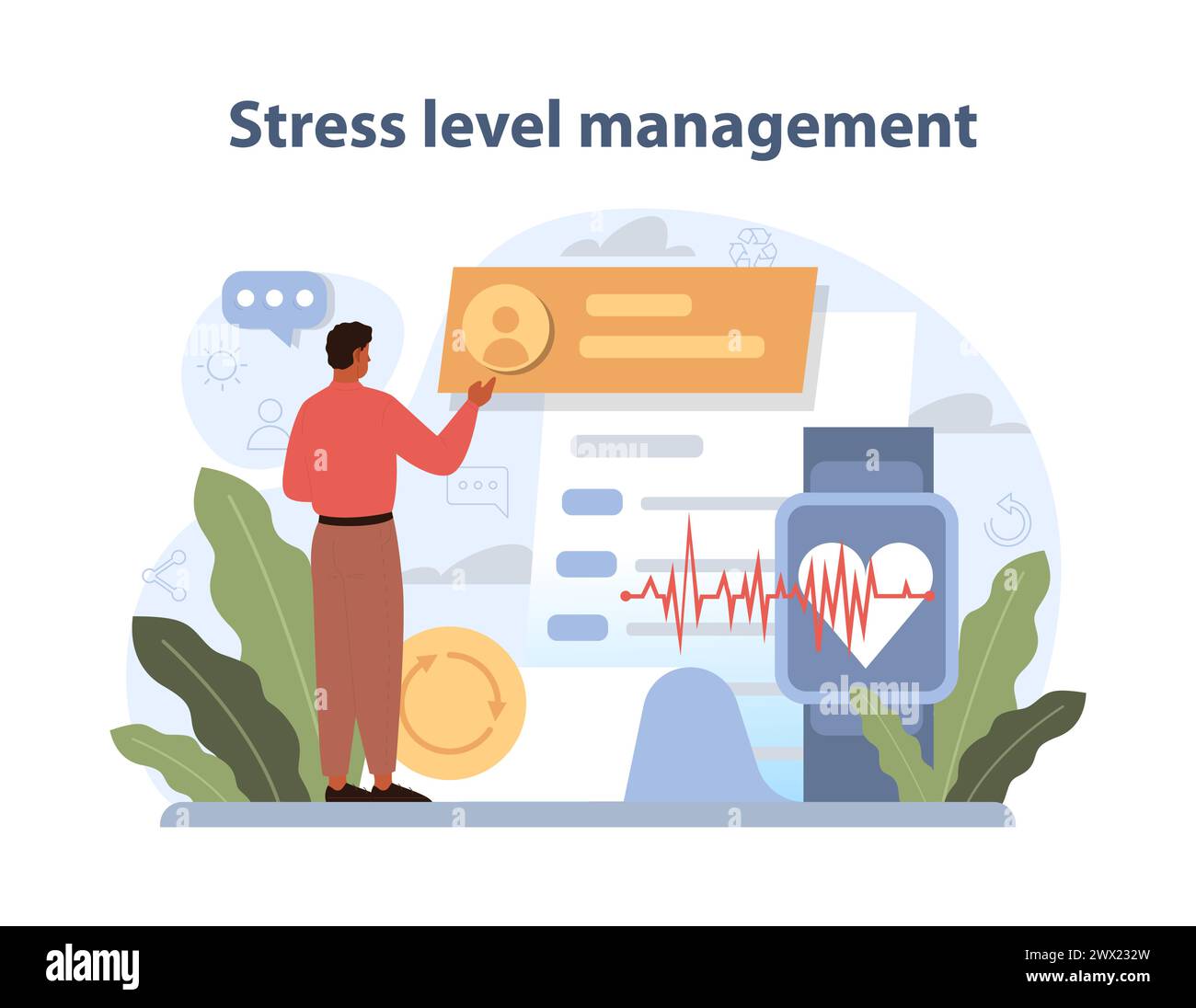Stress Level Management illustration. A figure calmly engages with user ...