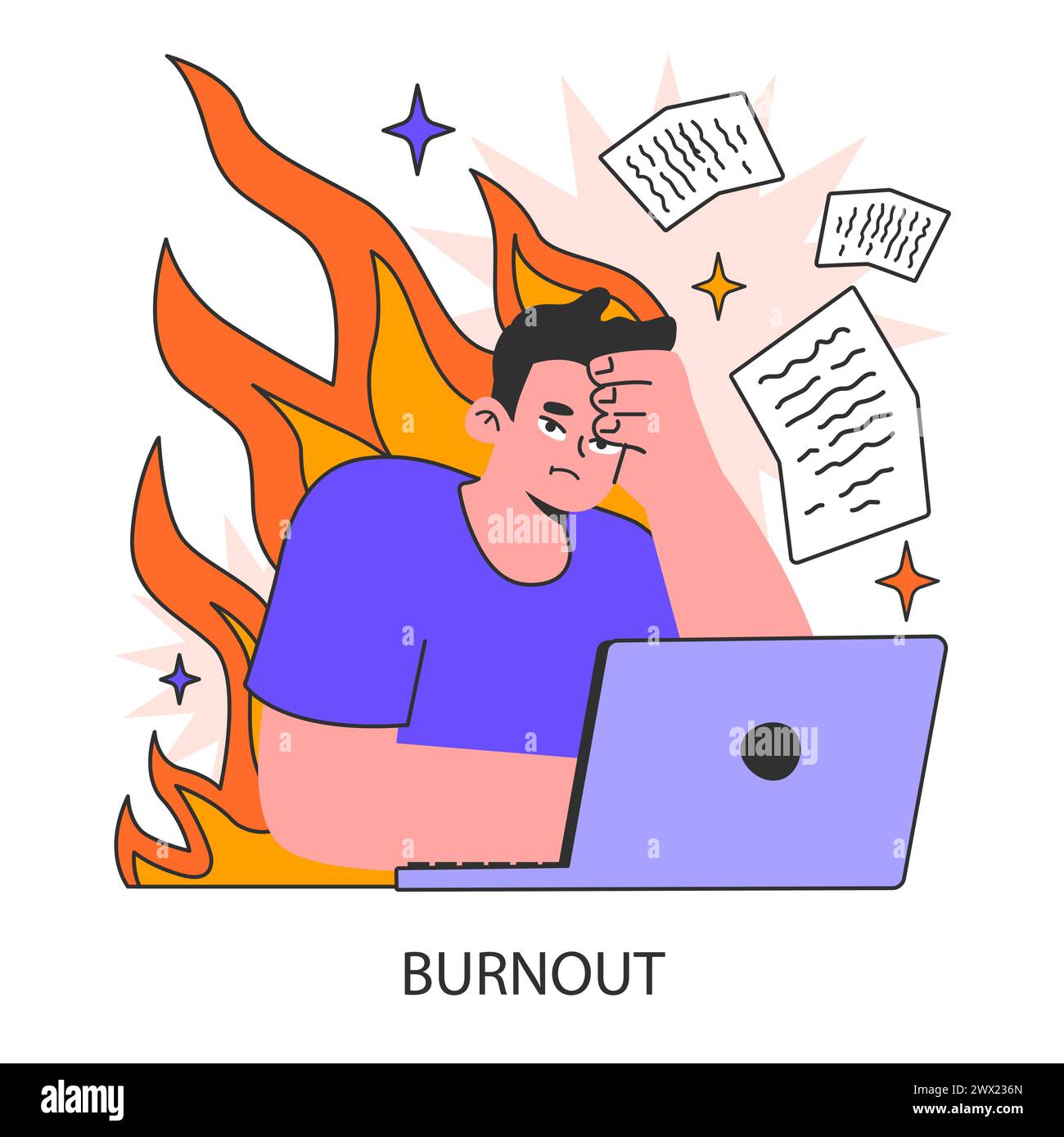 Work burnout. Distressed man surrounded by flame and floating papers ...