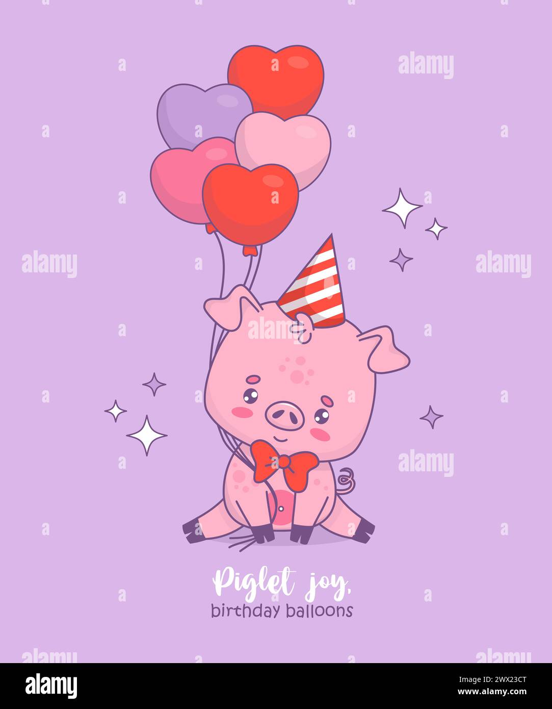Cute happy pig in birthday cap with balloons. Vector illustration ...