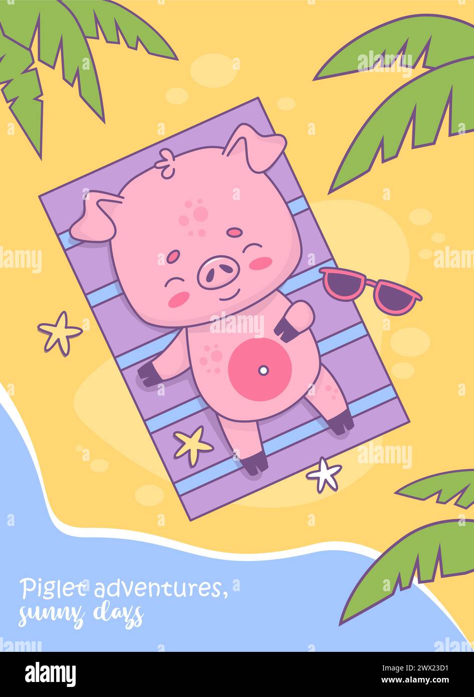 Happy pig beachgoer sunbathing on beach under palm leaves. Cute ...