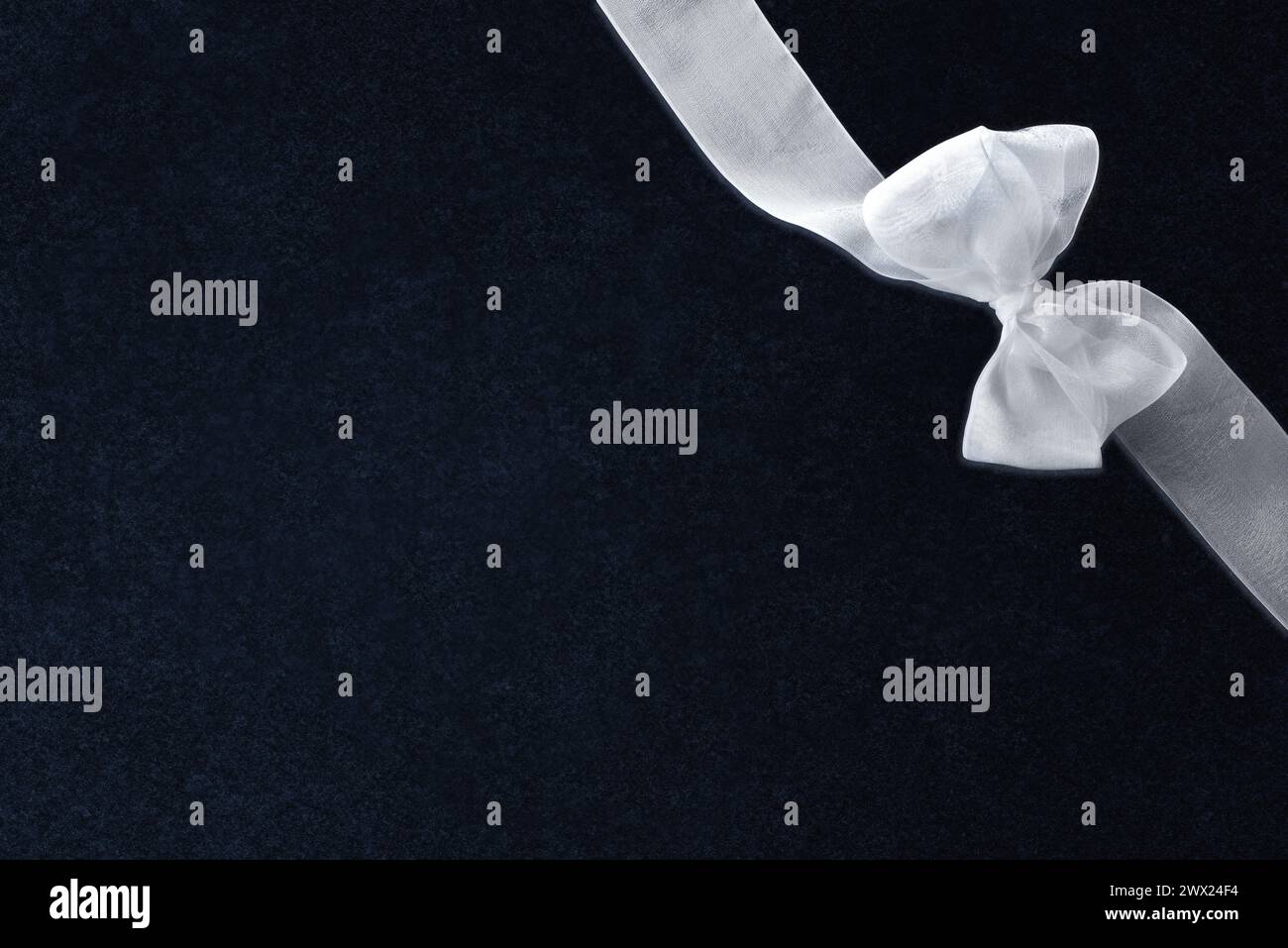 White tulle bow with ribbon in the upper right corner on textured ...