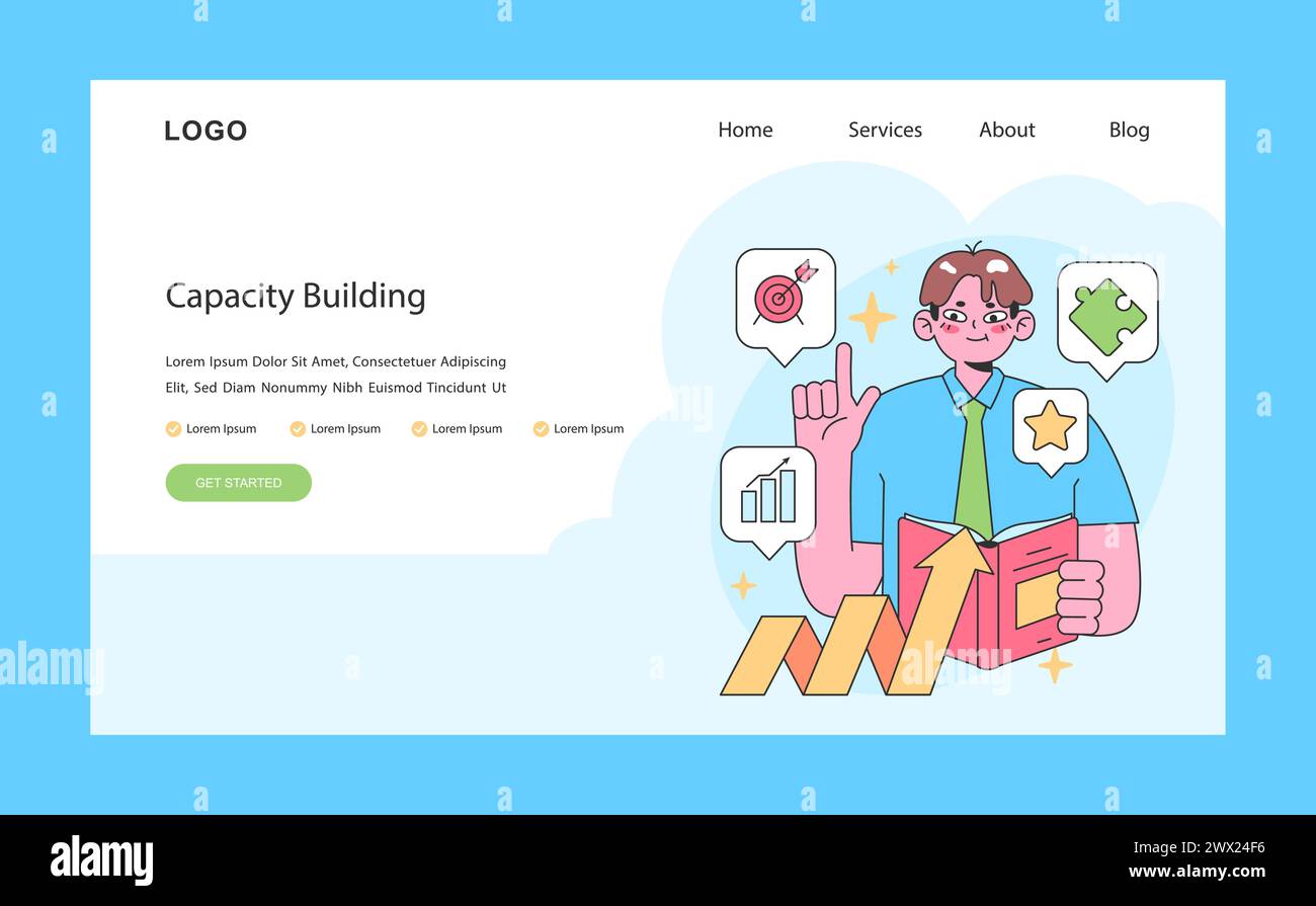 Capacity building web or landing. Man showcases personal growth ...