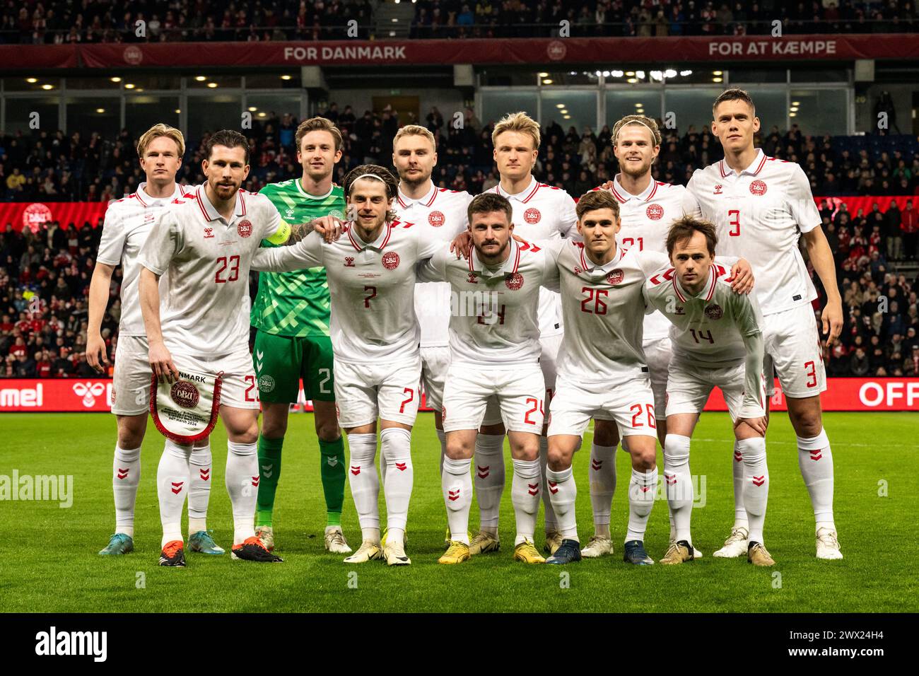 Broendby, Denmark. 26th, March 2024. The starting-11 of Denmark for the ...