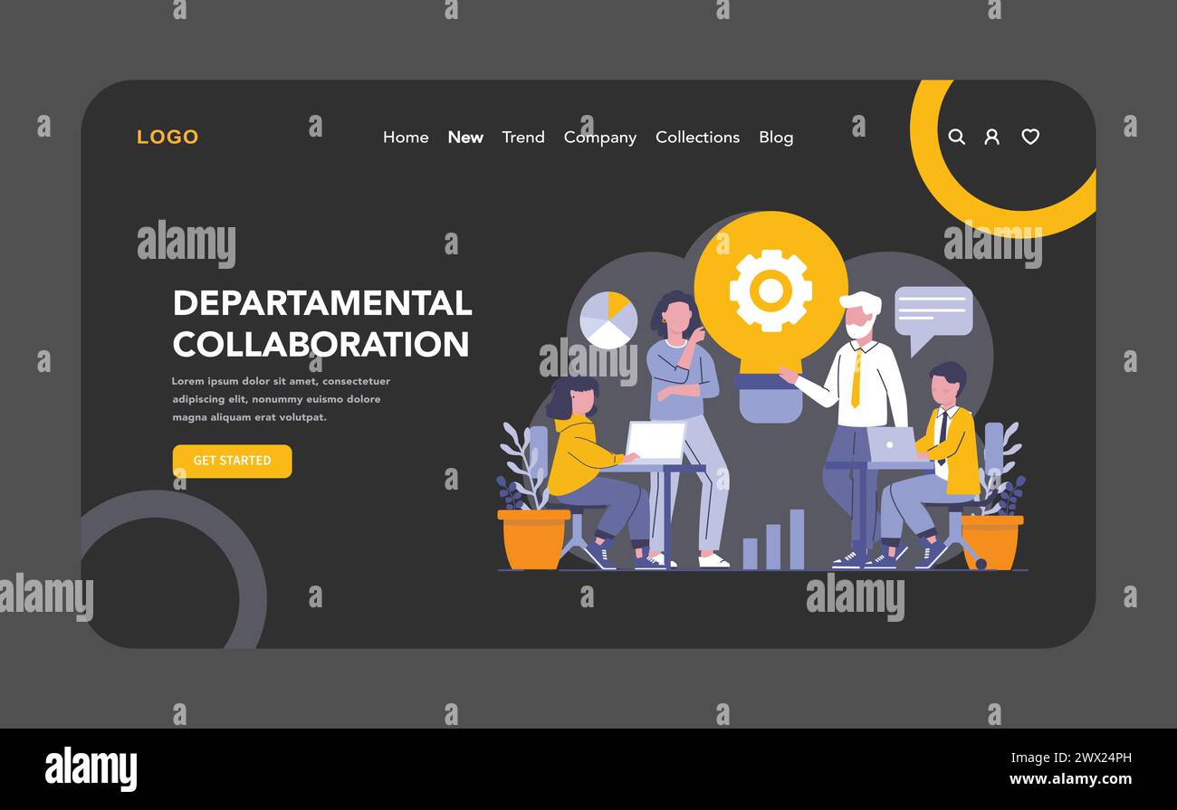 Departmental collaboration night or dark mode web or landing page. Cross-functional team ...