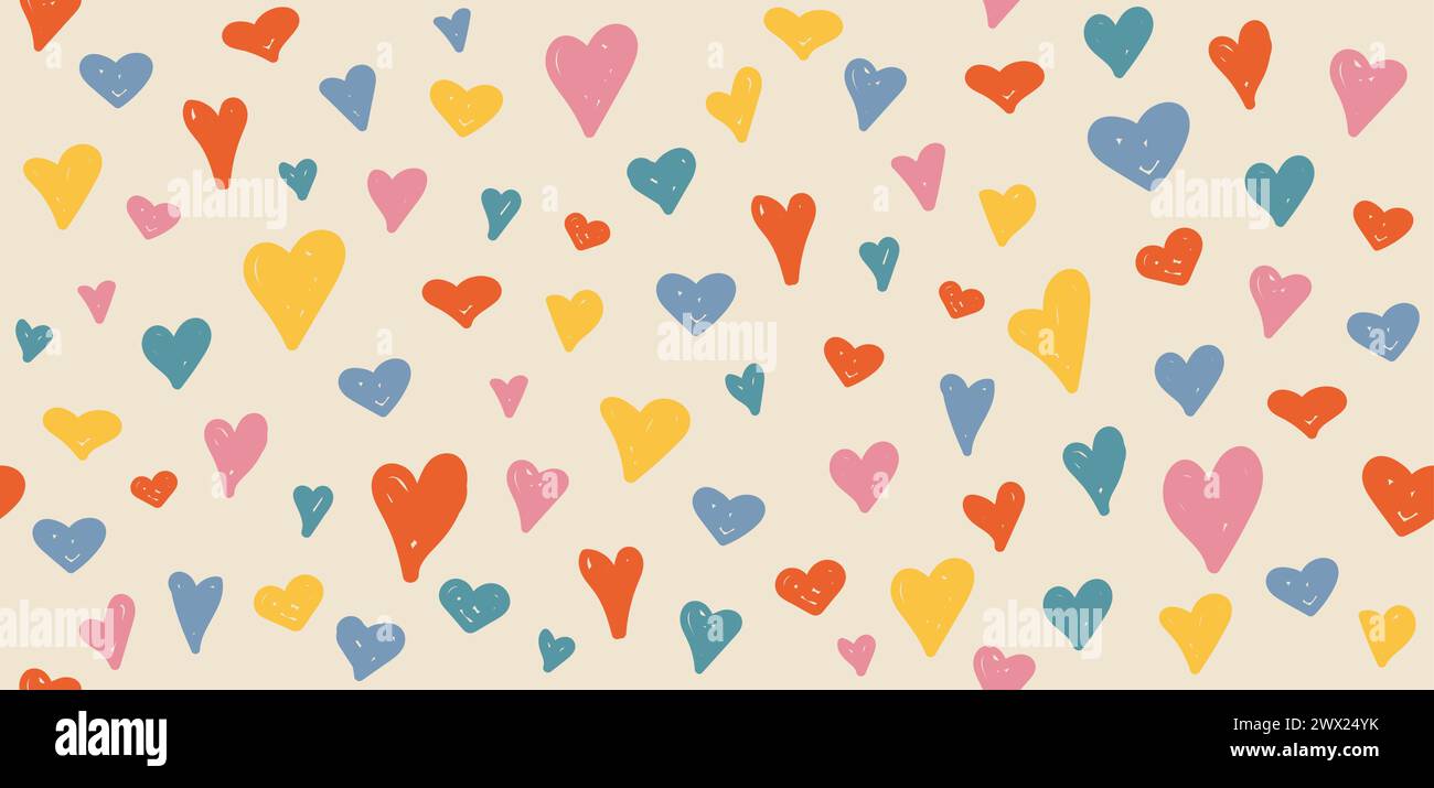 Hearts hand drawn Y2K naive seamless pattern. Vector colorful doodle ...