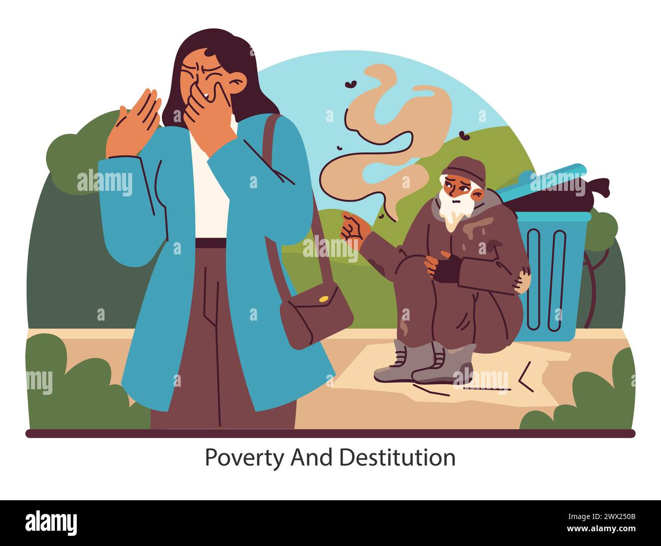 Societal plight set. A woman empathizes with a homeless man amidst ...