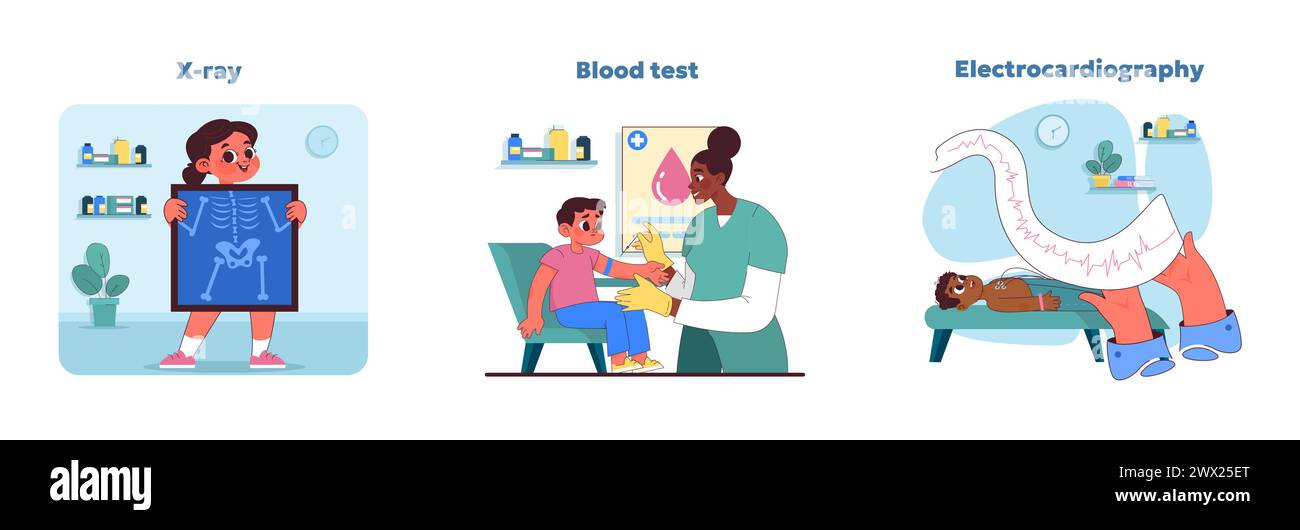 Diagnostic procedures set. Child undergoing X-ray, blood test, and ...