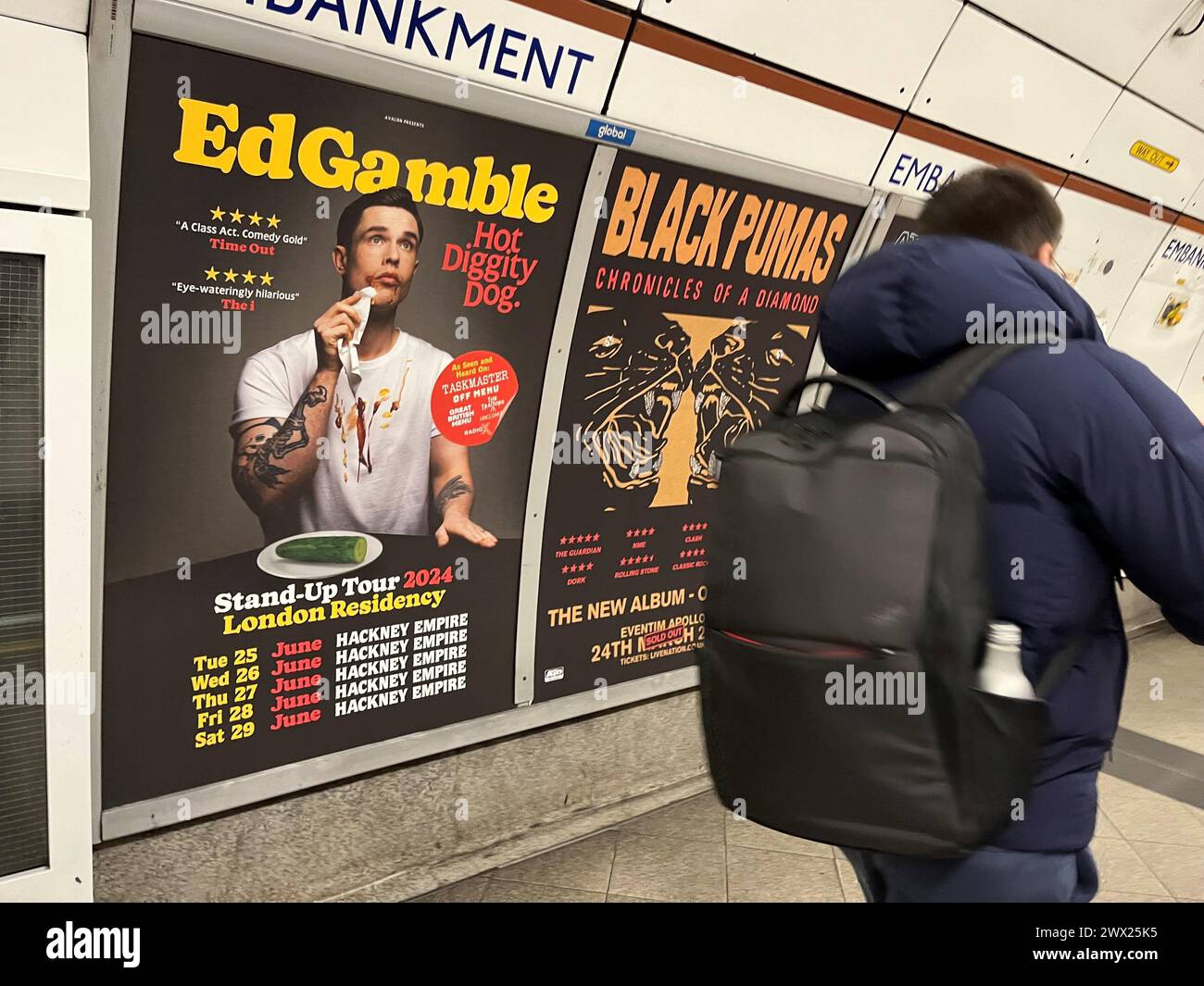 A poster advertising Ed Gamble's Hot Diggity Dog tour on the Bakerloo ...