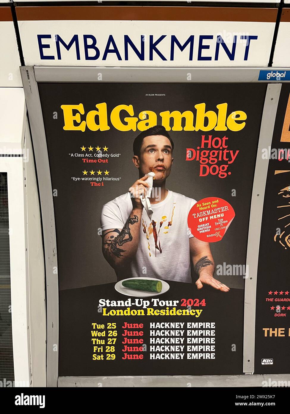 A poster advertising Ed Gamble's Hot Diggity Dog tour on the Bakerloo ...