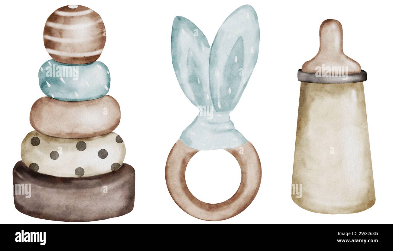 Baby Toys watercolor set. Hand drawn game items pyramid, rattle and ...