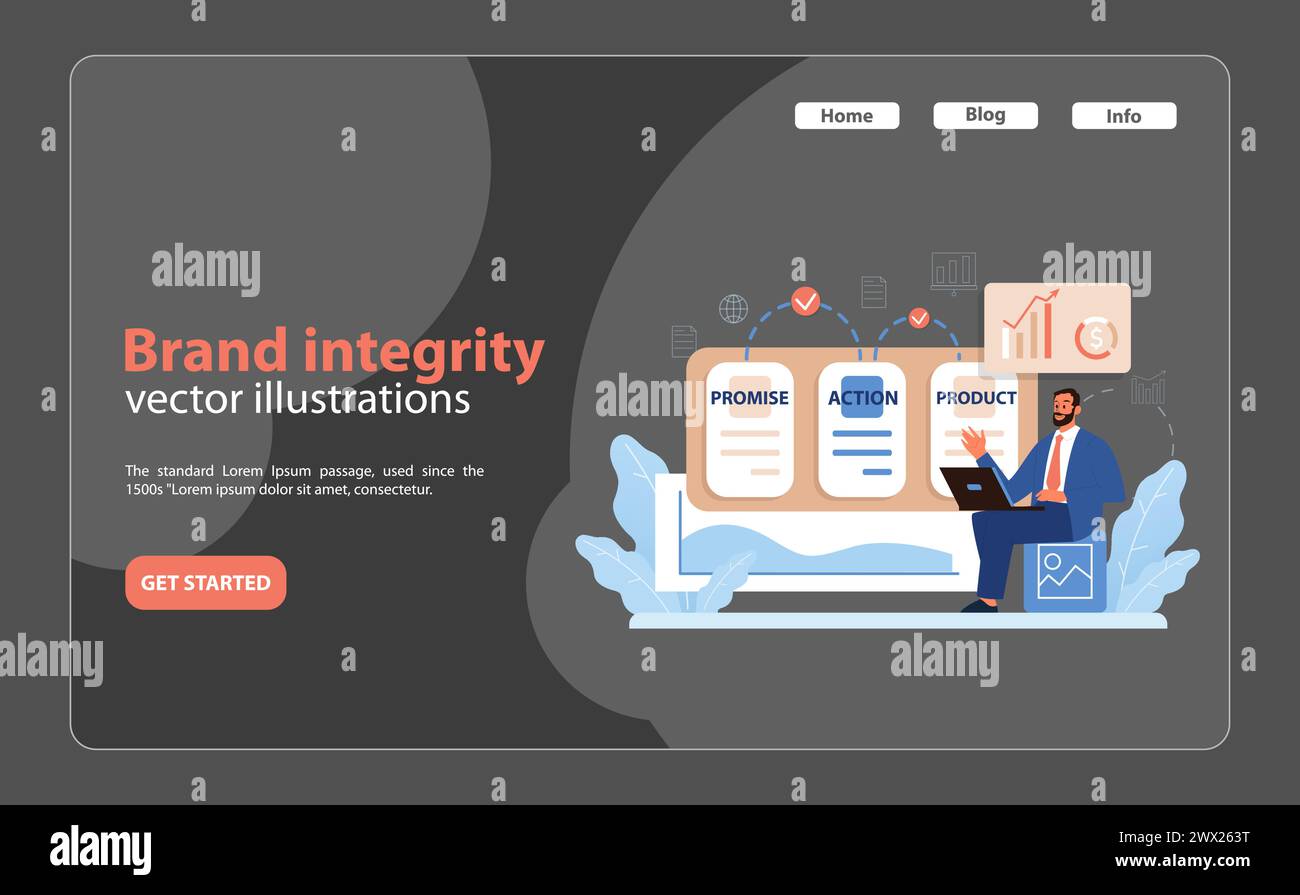 Brand Integrity Illustration. A businessman interacts with promise ...