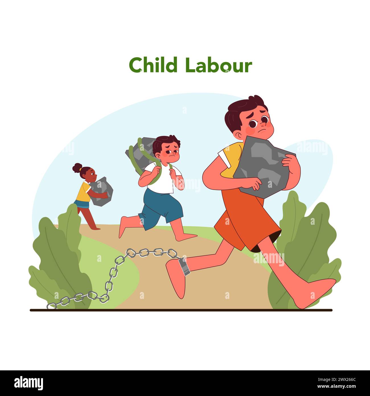 Child labor concept. Young children of different ages burdened by heavy ...