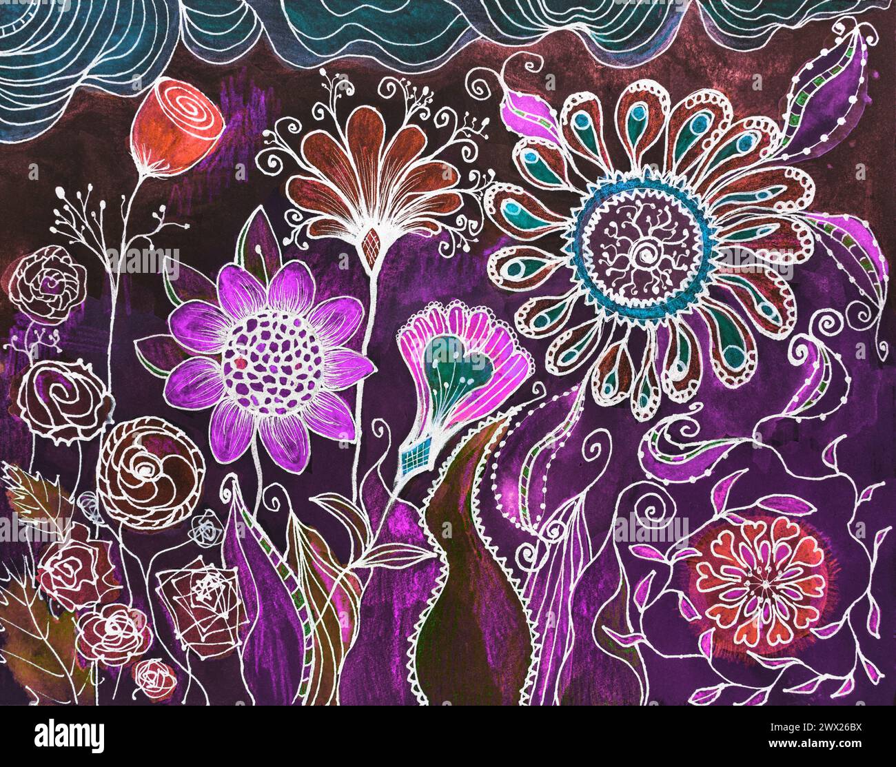 Psychedelic whimsical flowers doodle. The dabbing technique near the ...