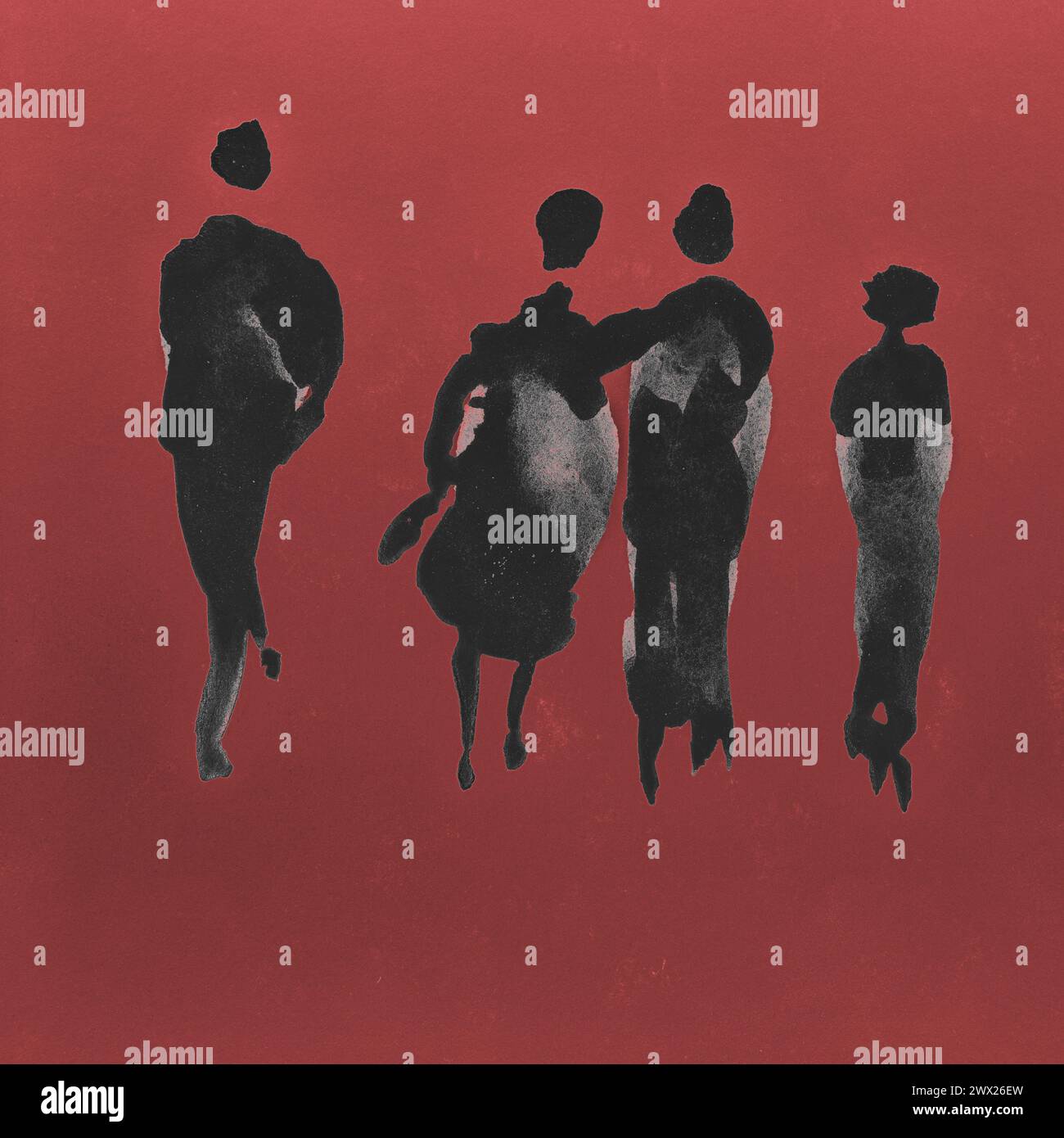 Sketch of walking people on a red background. The dabbing technique ...