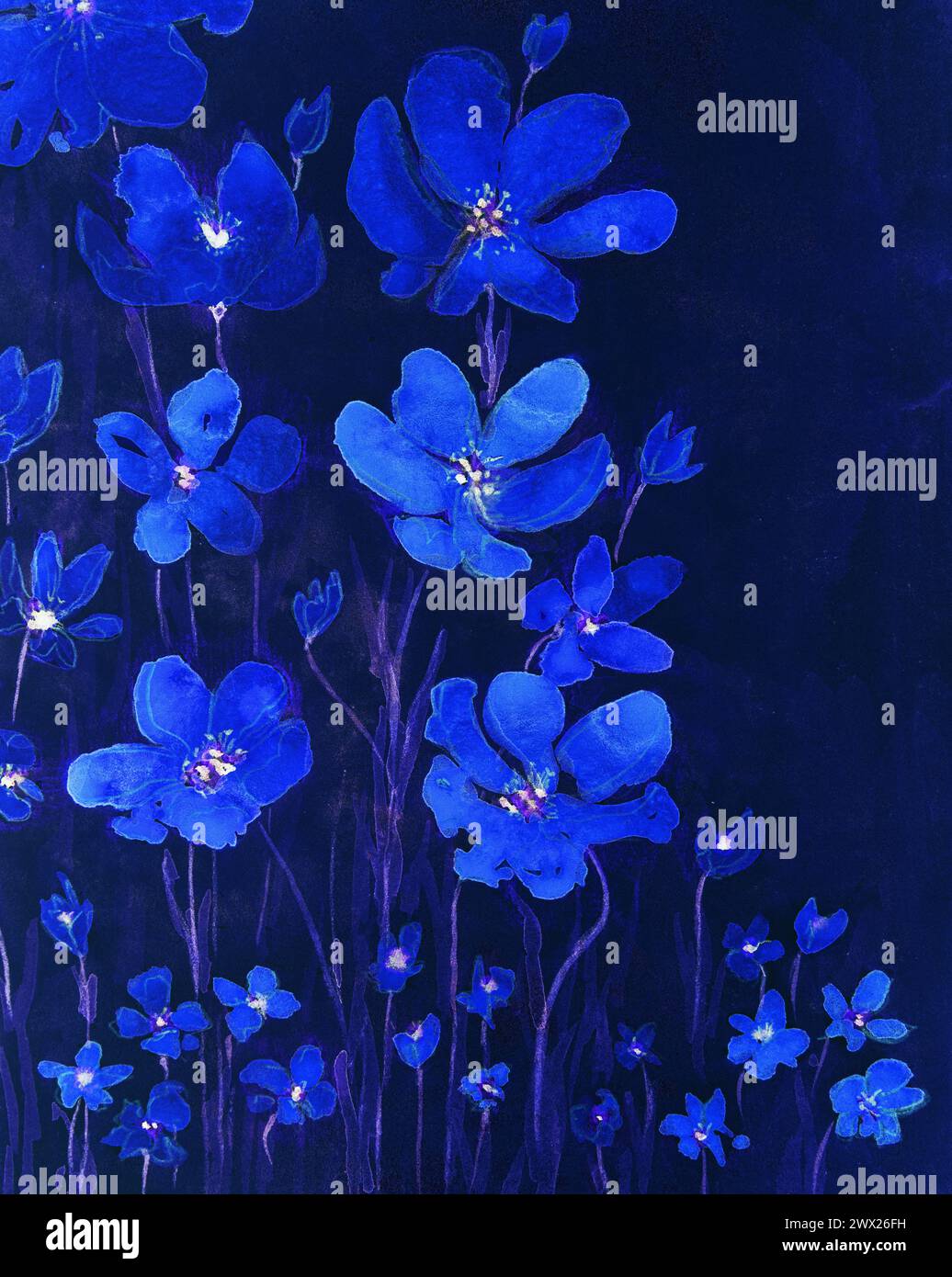 Psychedelic blue flowers in the night. The dabbing technique near the ...