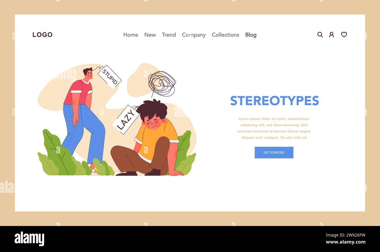 Stereotype concept. Upset neurodiverse man and boy with labels on heads ...