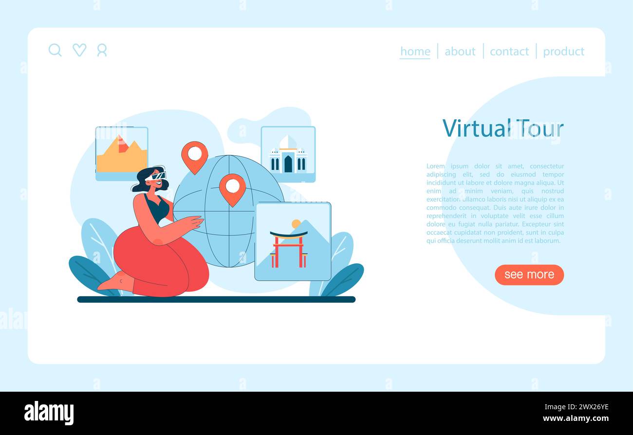 Virtual Tour concept. Woman navigates global landmarks from pyramids to ...
