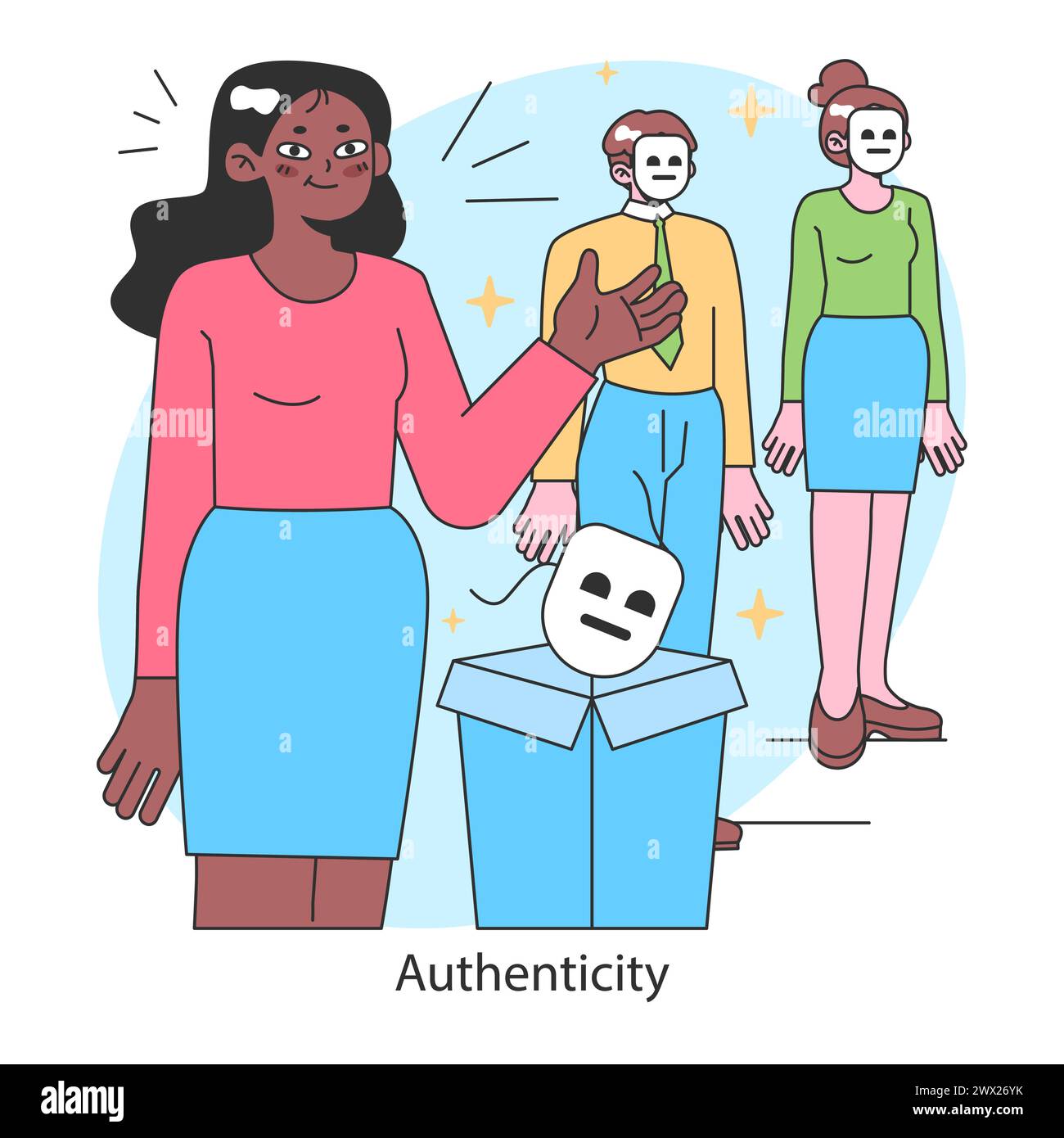 Authenticity concept. Black woman discards a mask, symbolizing the ...